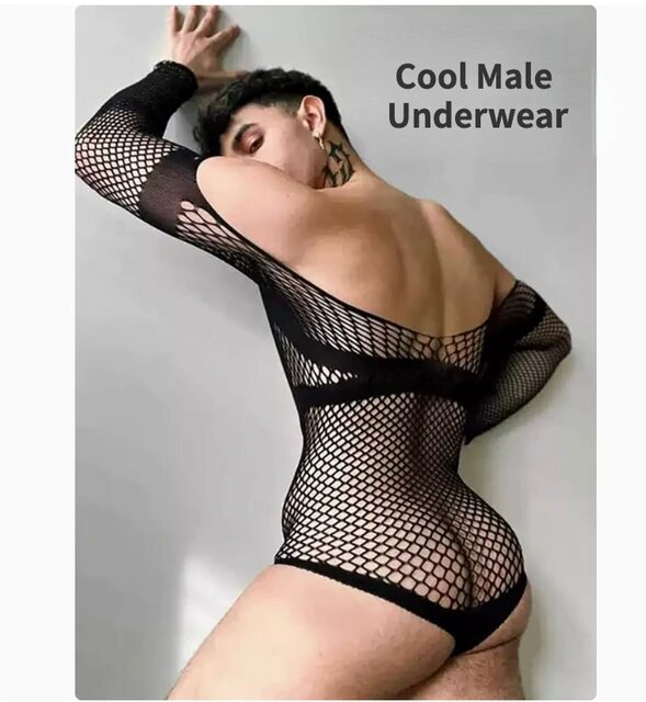 Стильное и модное мужское нижнее белье, сексуальная и привлекательная одежда, мужской боди из сетки, нижнее белье с вырезами, сетчатый комбинезон, сексуальный мужской наряд для вечеринки и ночного клуба.