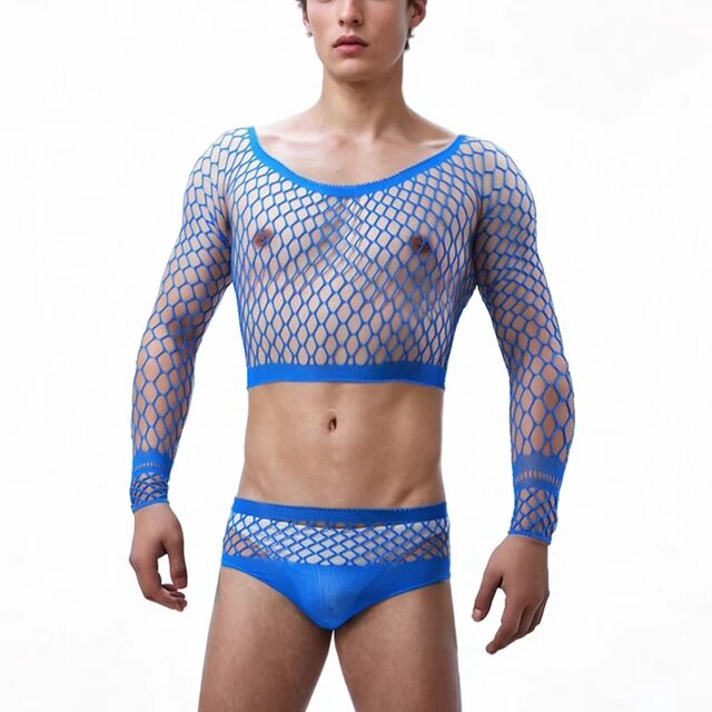 Мужская синяя пижама, стильный мужской боди из сетки, сексуальное нижнее белье, одежда для джентльменов, сексуальная одежда для вечеринок/ночных клубов.