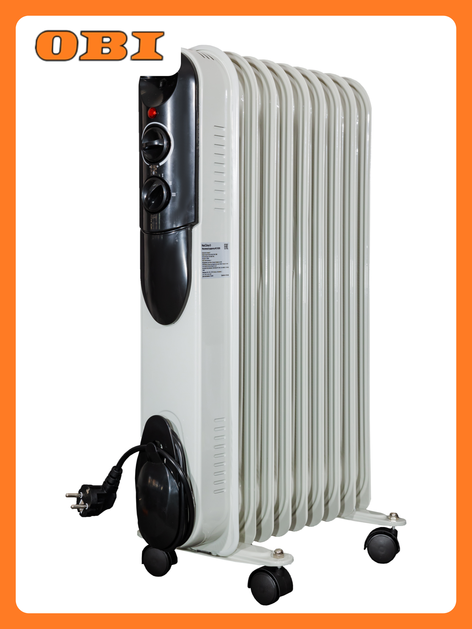 Масляный радиатор Neoclima NC 9309, 9 секций, белый, 2000 Вт