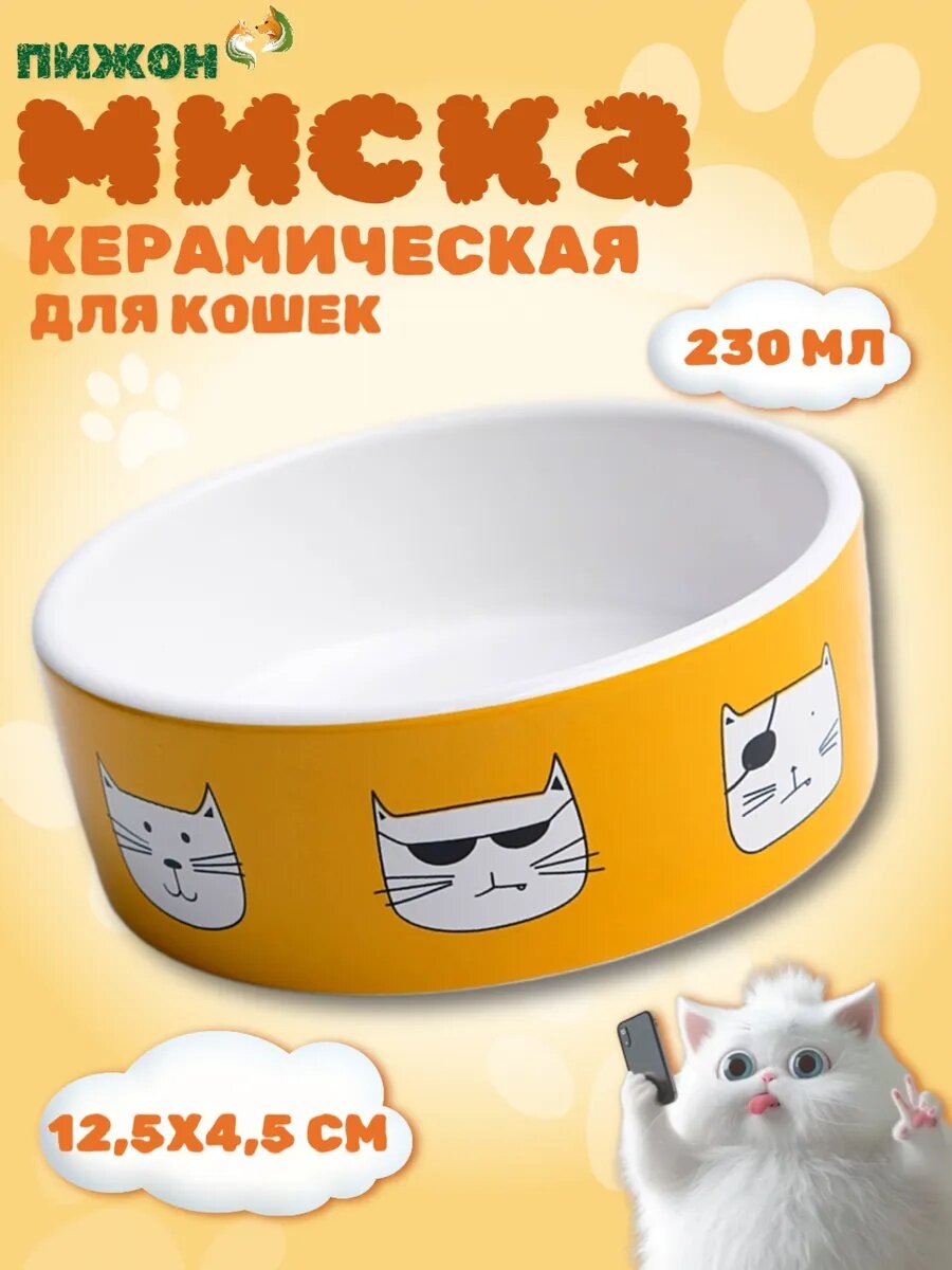 Миска керамическая "Опасные коты" 230 мл 12,5 x 4,5 cм, бело-оранжевая