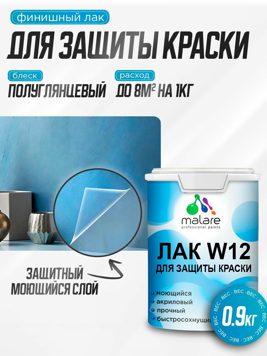 Лак для защиты акриловых красок Malare моющийся универсальный быстросохнущий экологичный, полуглянцевый, 0.9 кг