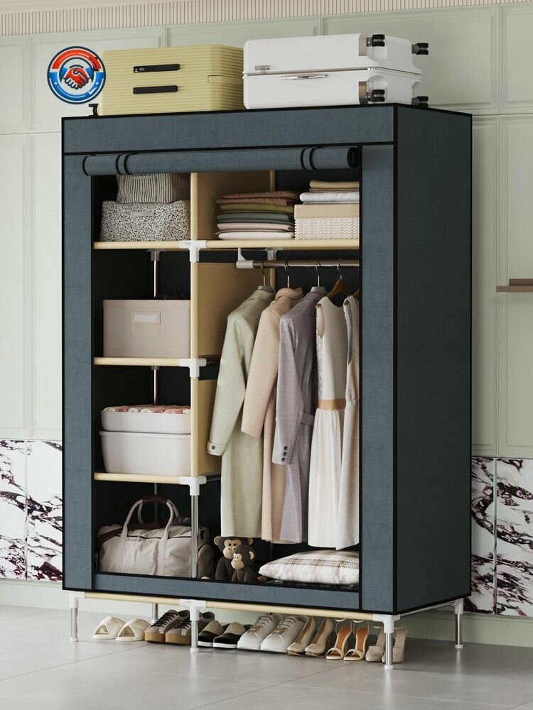 Разборный тканевый шкаф-гардероб из нетканого материала, 105x45x170 см, металлический каркас, молния, синий, для дачи, ремонта, аренды и поездок