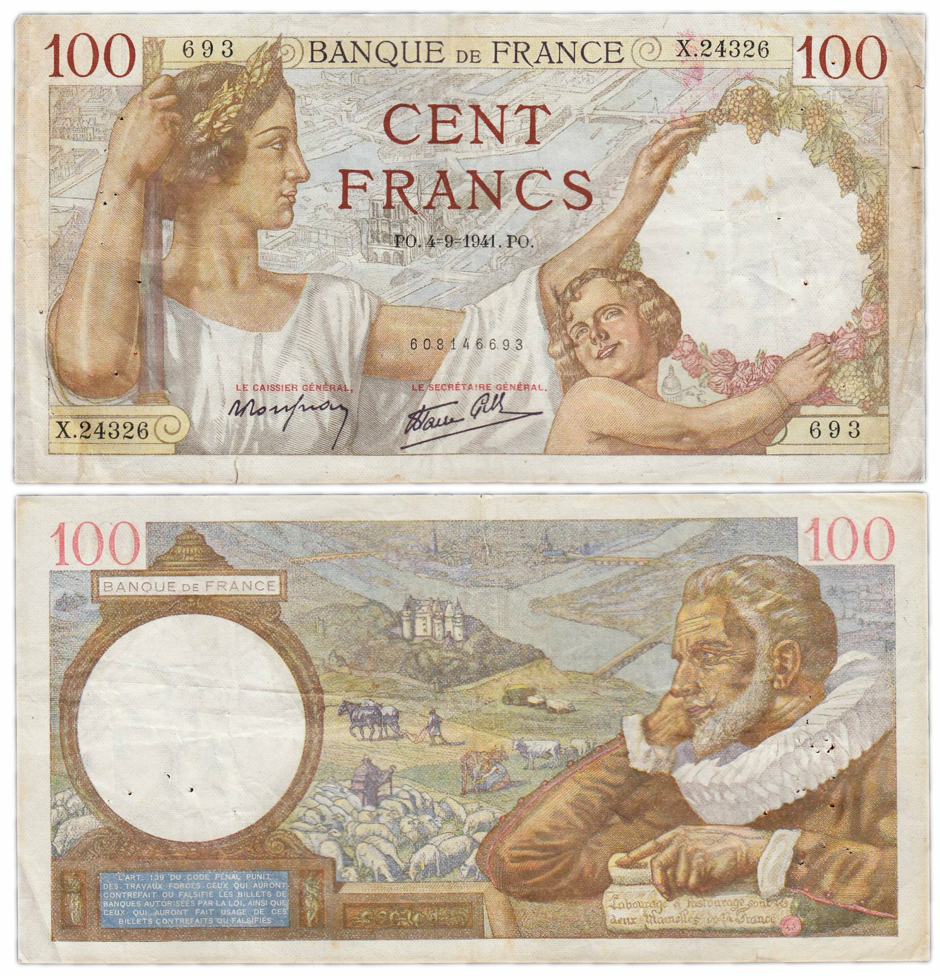 Франция 100 франков 1939-1942 Sully, герцог Сюлли Pick 94