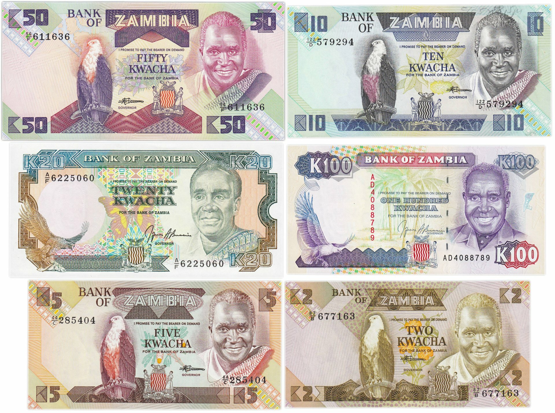 Замбия набор 6 банкнот 2, 5, 10, 20, 50, 100 квача 1980-2008