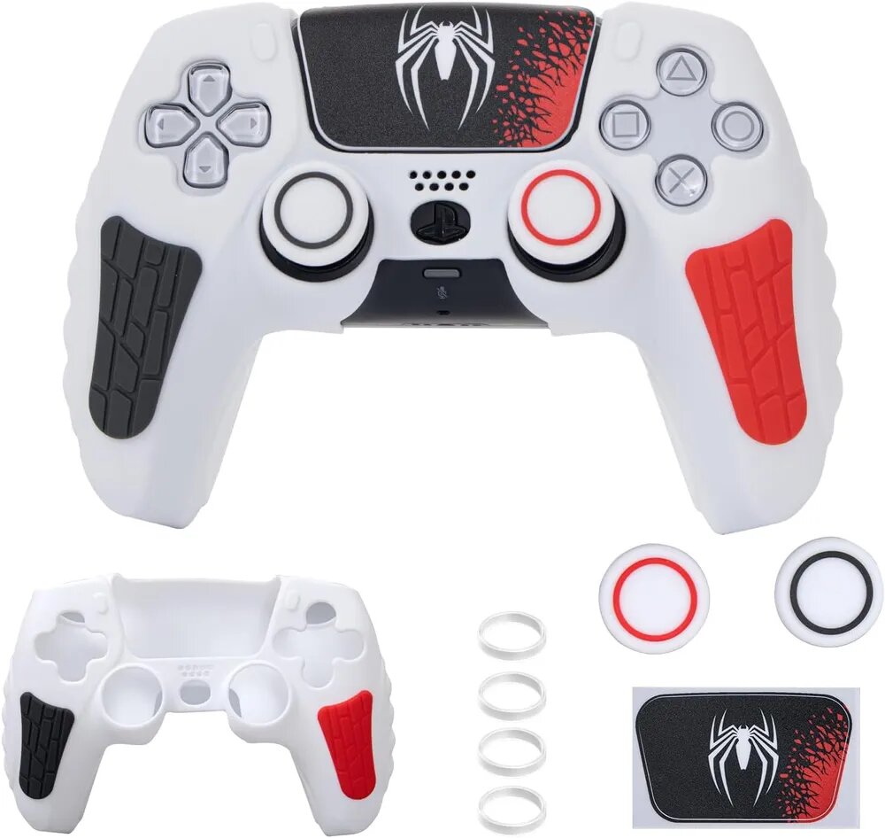 Чехол для контроллера PS5 DualSense: антискользящий силиконовый чехол с накладками для пальцев, защитой джойстиков и стикерами (чёрный)