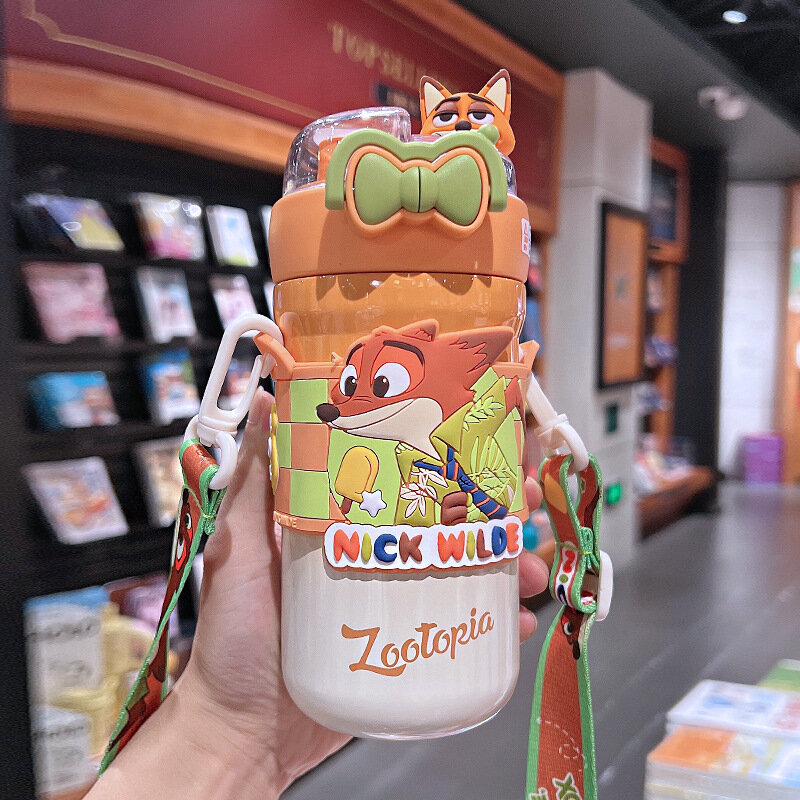 Термокружка Zootopia с бантиком для девочек, стильная кружка с трубочкой, портативная кружка с ремешком для учеников начальной школы.