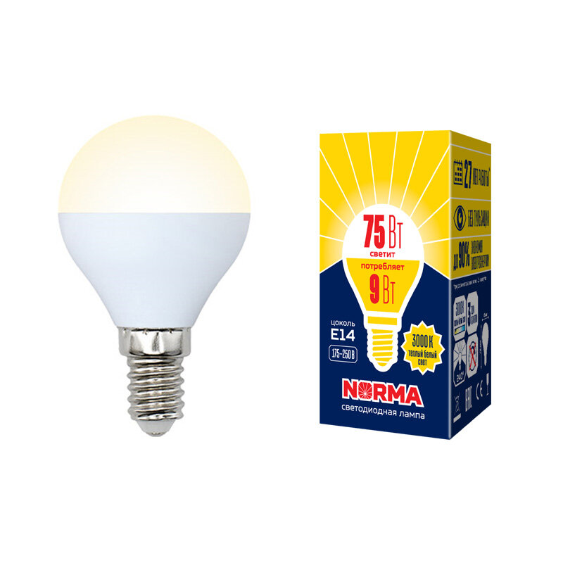 Лампа светодиодная Volpe LED-G45-9W/WW/E14/FR/NR, форма шар, матовая, Серия Norma, теплый белый свет (300K) 3 шт (3826)