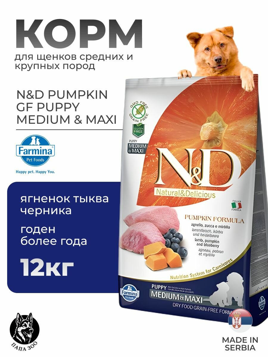 Farmina N&D Pumpkin GF Puppy Medium & Maxi (Тыква, ягненок, черника), 12 кг