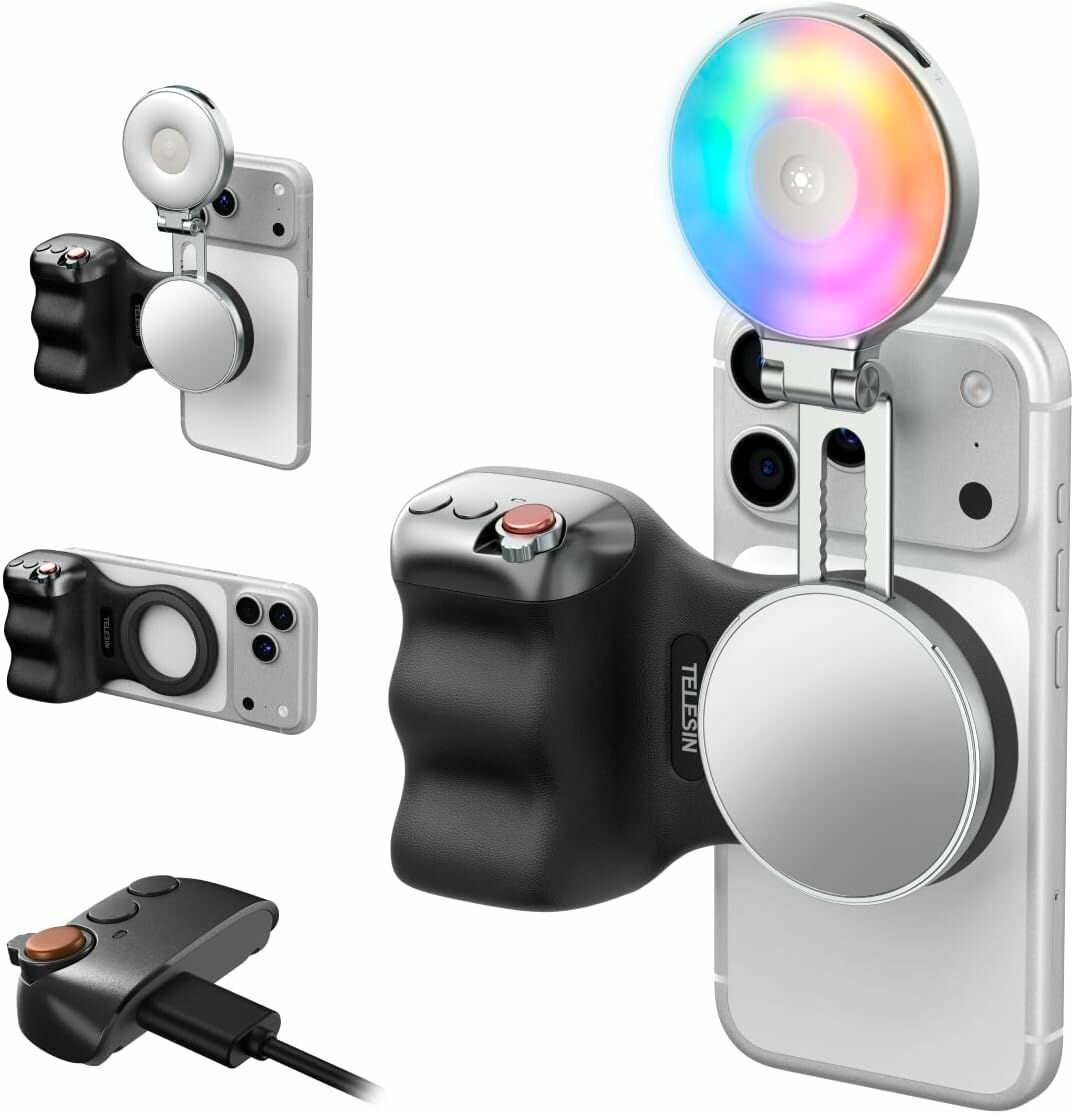 Магнитный держатель для телефона и камеры TELESIN Fun Shot (B) + магнитный RGB-светильник для селфи 4-в-1, совместимый с системами iPhone MagSafe и Android.