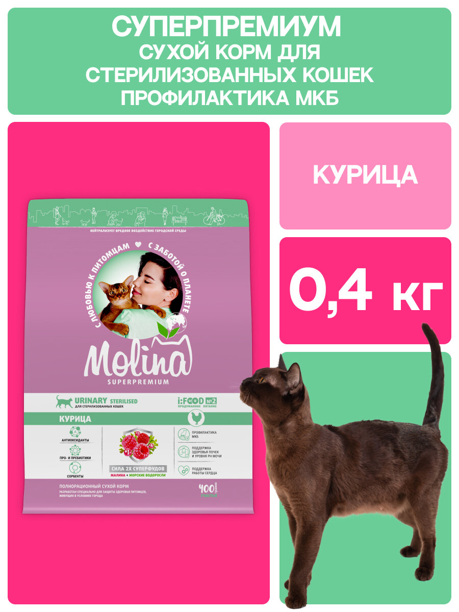 Сухой корм для стерилизованных кошек с курицей STERILISED URINARY CHICKEN, 0,4 кг MOLINA
