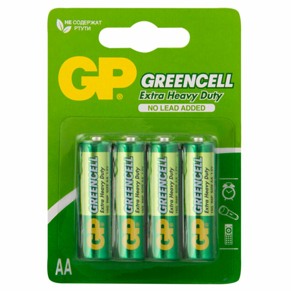 Батарейки комплект 4 шт, GP GreenCell AA (R6, 15G), солевые, пальчиковые, блистер, 15G-2CR4, 457754