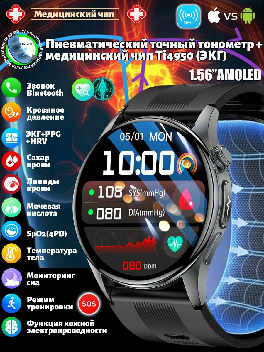 Cмарт часы с тонометром и ЭКГ, HRV,1.56'AMOLED, Разблокировка по NFC, TiAFE4950 RA3220P*4PD, Функция ЭДА