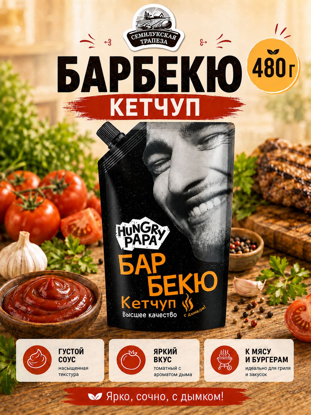 Семилукская трапеза Кетчуп Hungry Papa барбекю, 480 г