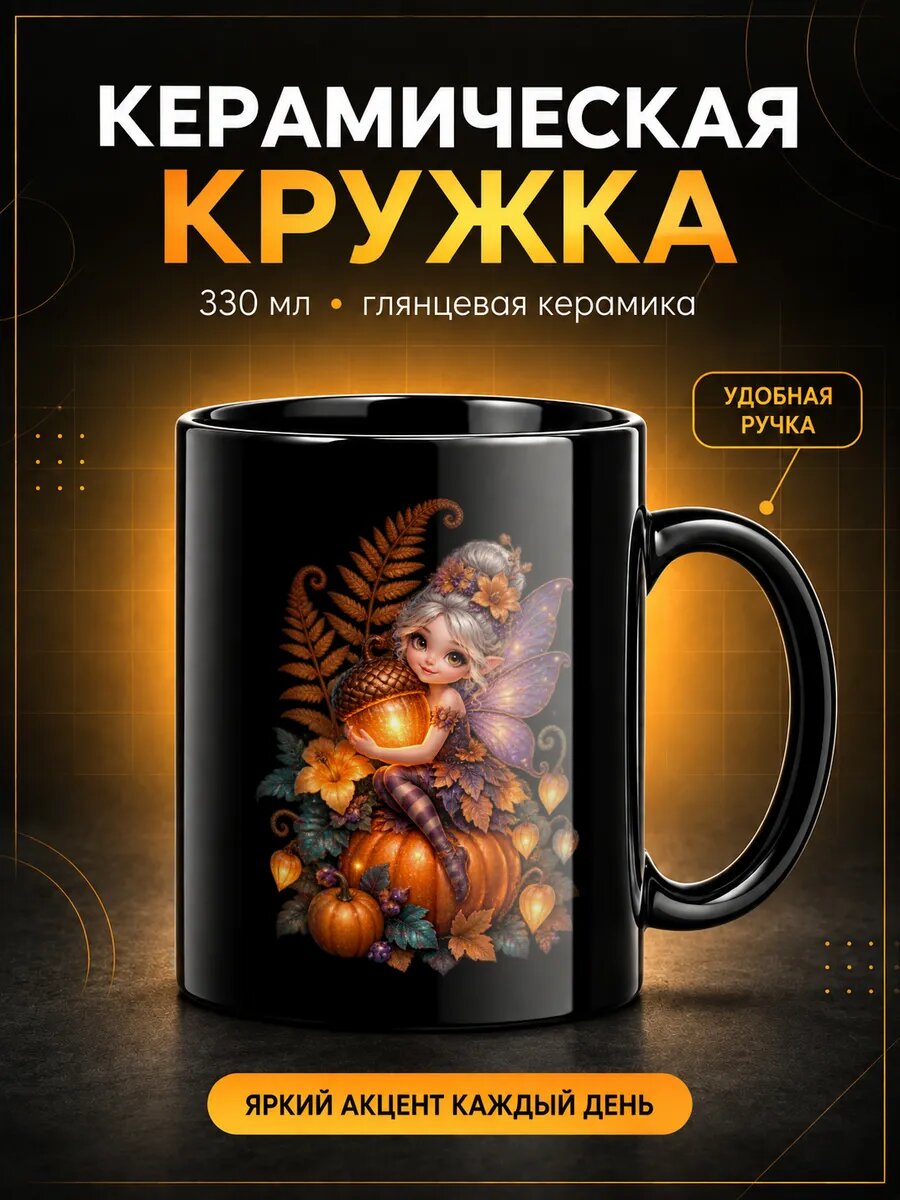 Кружка керамическая TOP CUP, Фея с медным желудем, чёрная, 330 мл