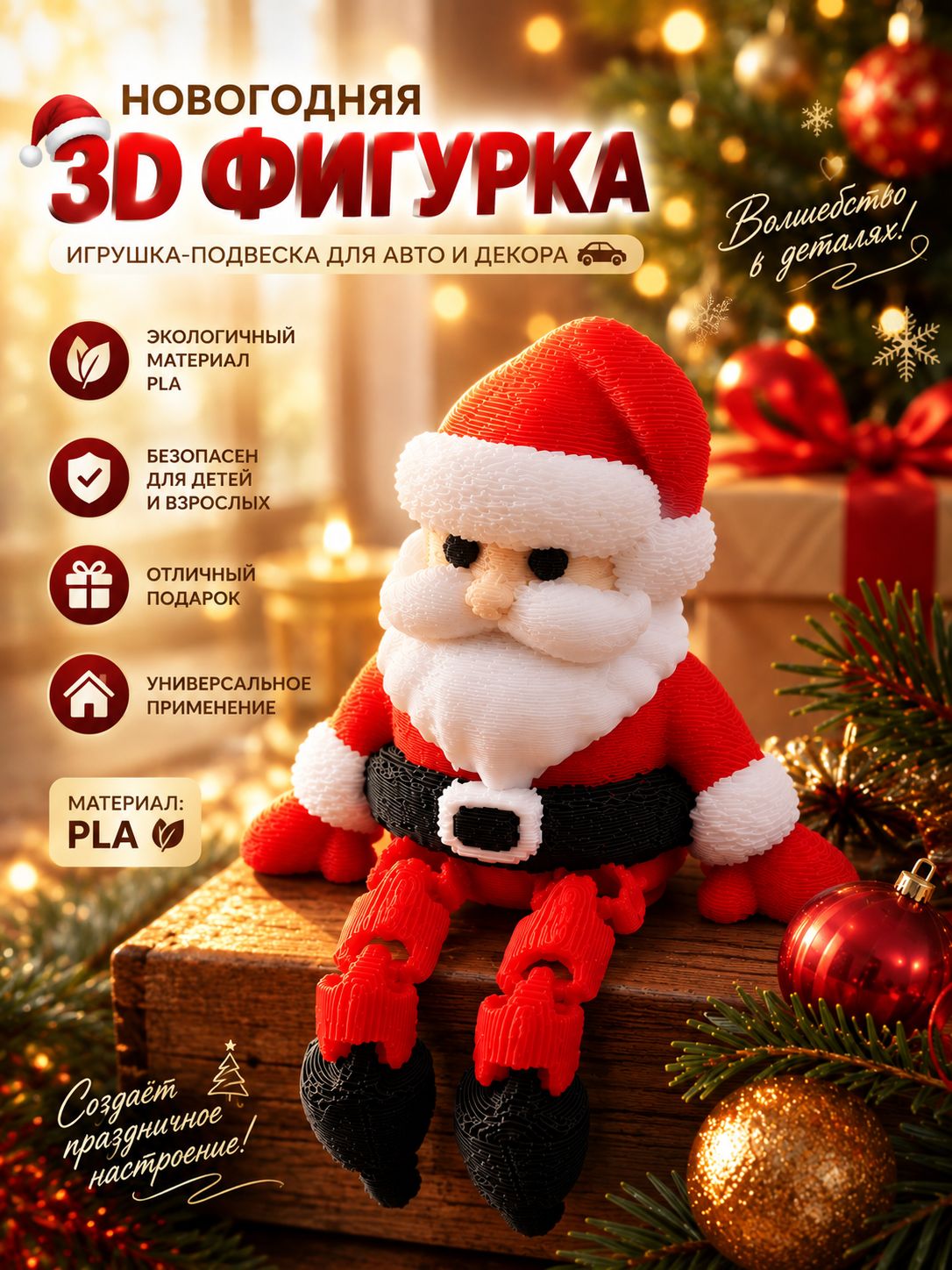 Новогодний декор 3D печать Дед Мороз с шнурком подвеска на ёлку