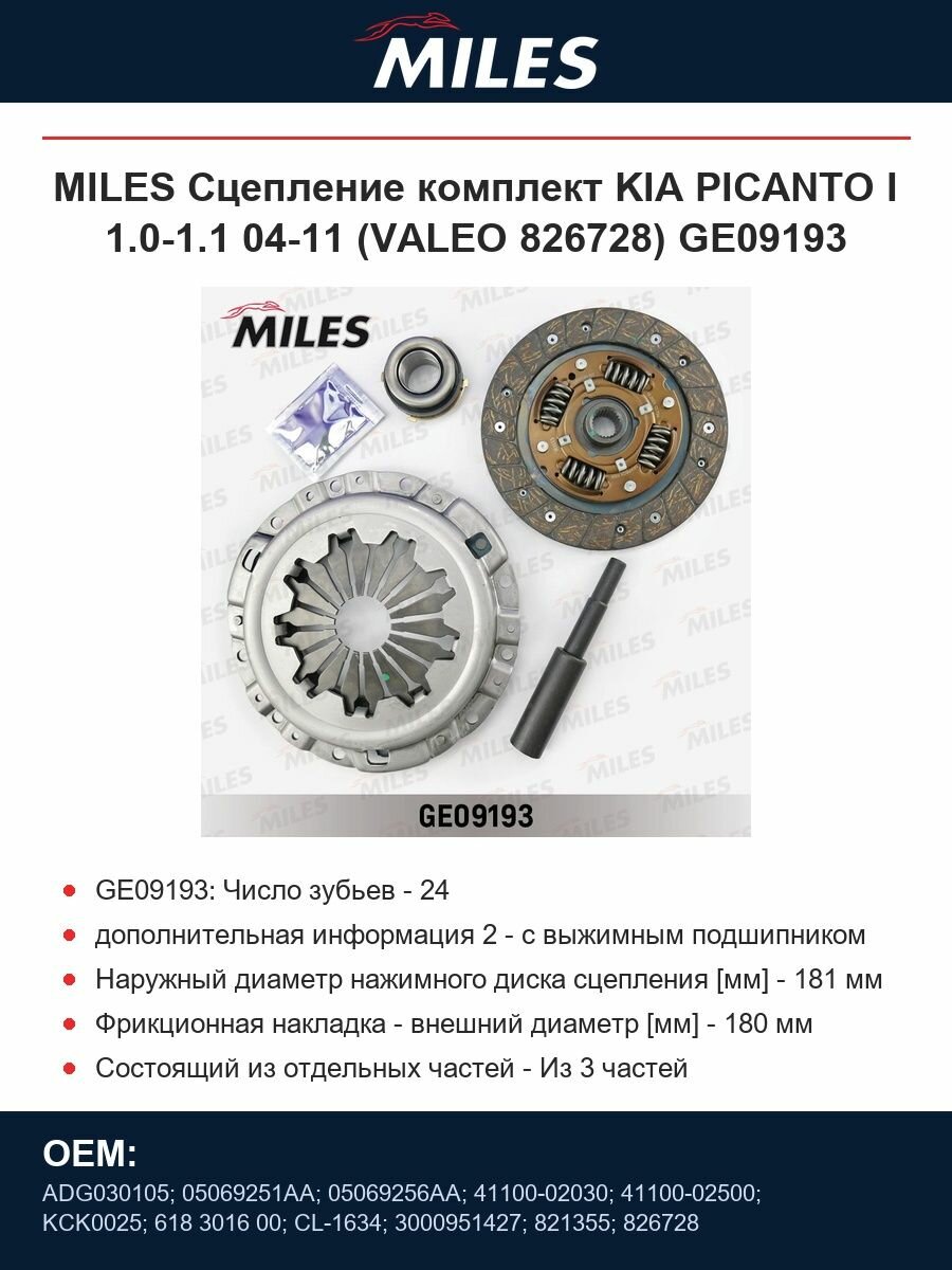 MILES Сцепление комплект KIA PICANTO I 1.0-1.1 04-11 (VALEO 826728) GE09193