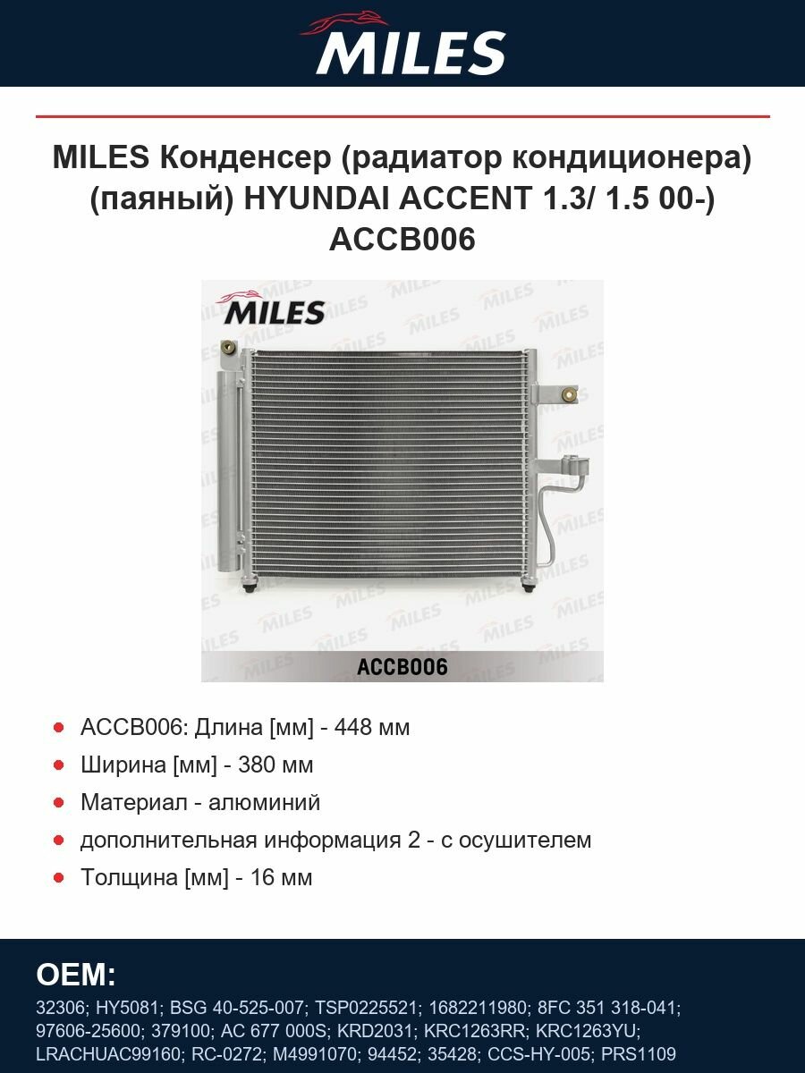 MILES Конденсер (радиатор кондиционера) (паяный) HYUNDAI ACCENT 1.3/ 1.5 00-) ACCB006