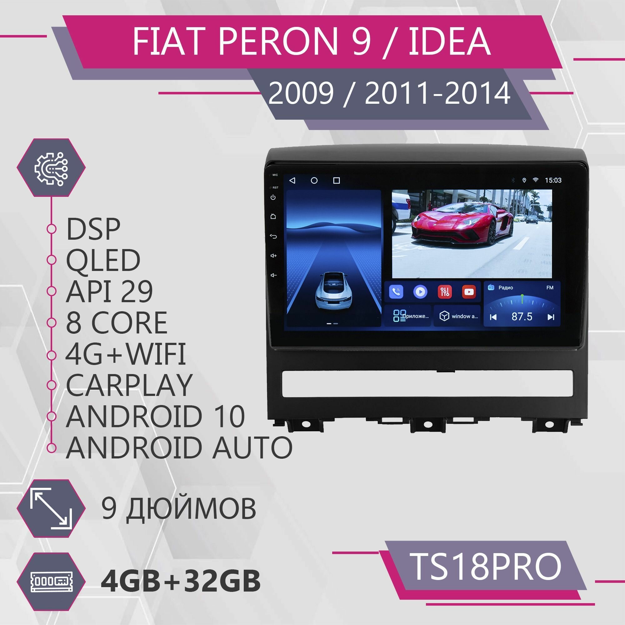 Штатная автомагнитола TS18APro 4+32GB Fiat Idea Peron 9 Фиат Идея Перон 9 Магнитола Android 12 2din Головное устройство Мультимедиа