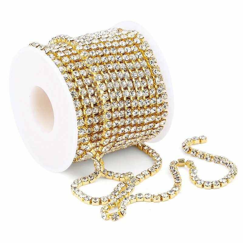 DUCRYSTAL Фотоблестящая цепочка с кристаллами для шитья 1yard, Желтый, SS8-2.5mm, Gold-Clear