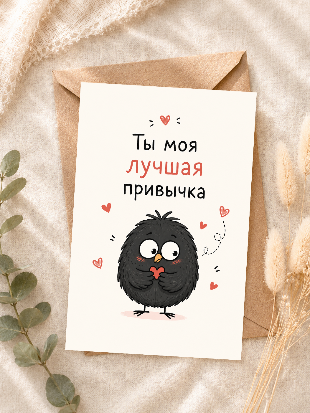 Открытка «Ты моя лучшая привычка» с птичкой, A6 10×15 см с крафт-конвертом
