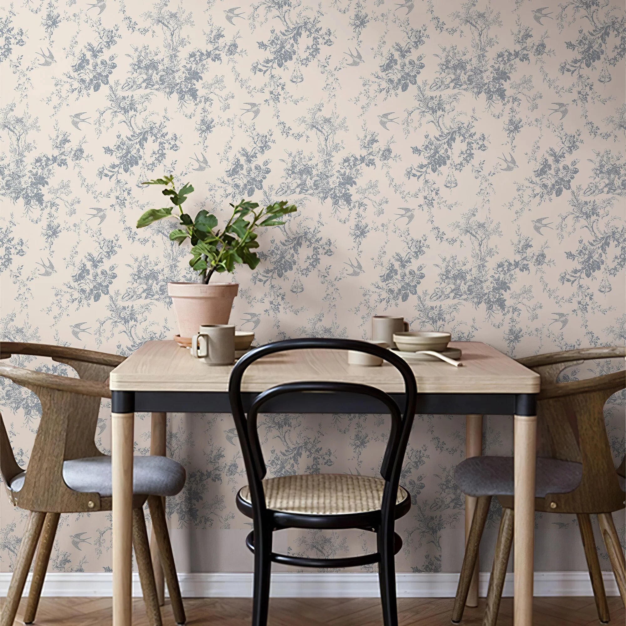 Виниловые обои Fresh Light Blue Floral and Birds Синий, Blue