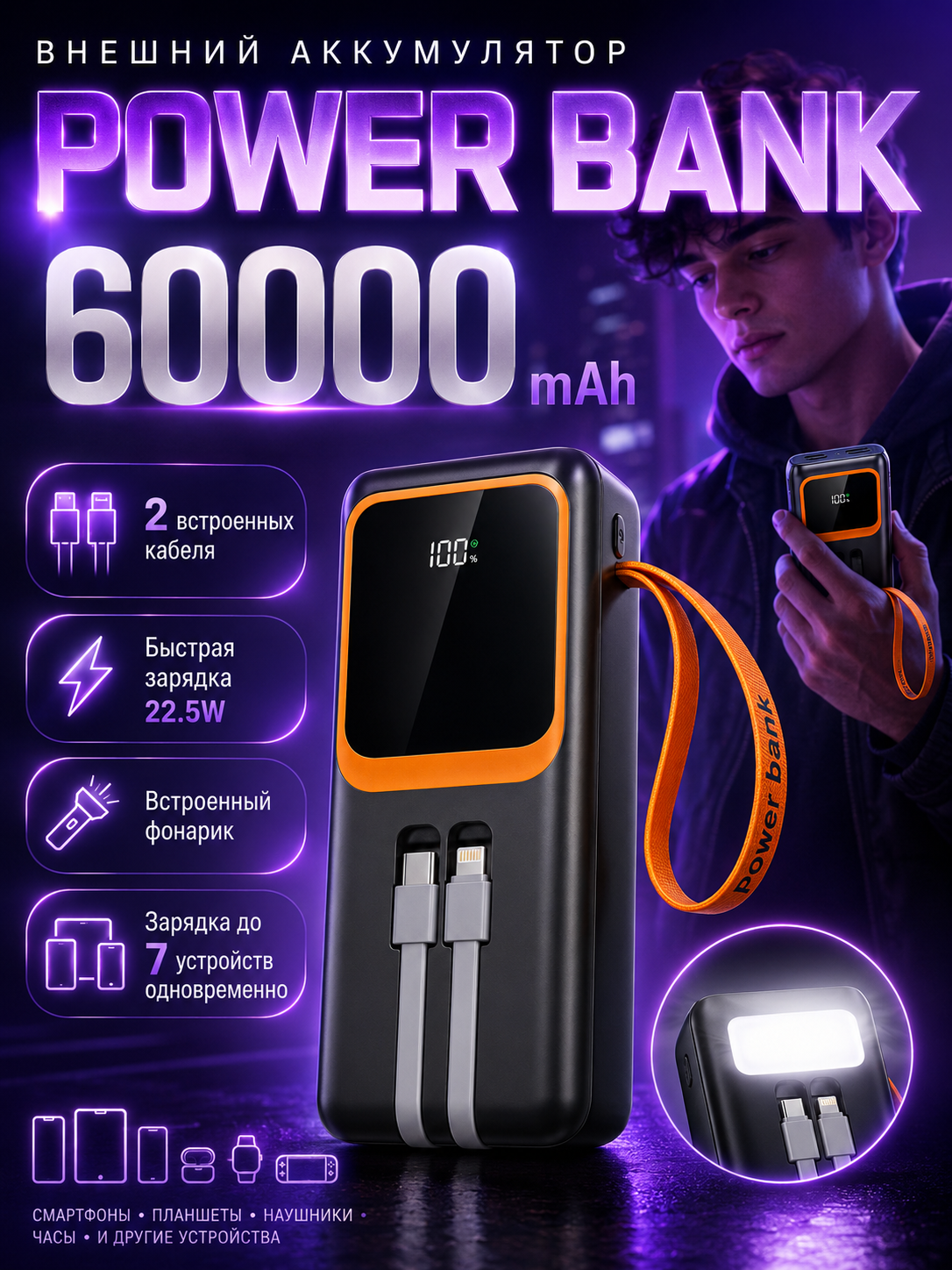 Портативный внешний аккумулятор POWER BANK J220 60000 mAh, 6 портов, 2 встроенных зарядных кабеля, Черный