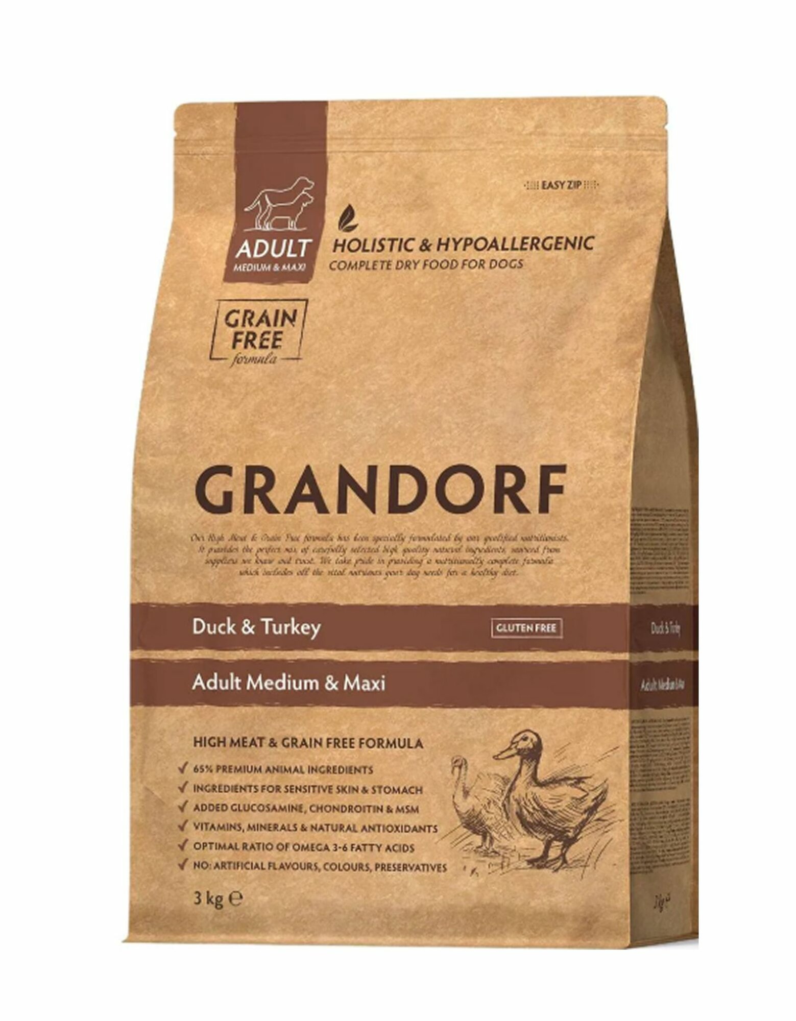 Grandorf Корм сухой Утка с индейкой, для собак средних и крупных пород, 3 кг