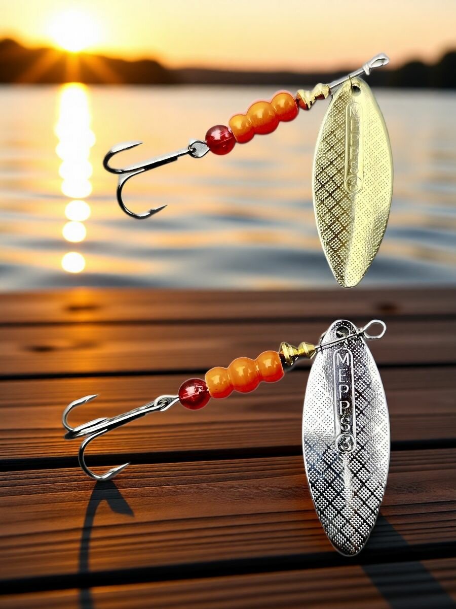 Набор из 2 блесен вертушек Mepps Aglia long #3 серебро и золото для рыбалки на окунь, щуку, судак, берш, язь, голавль