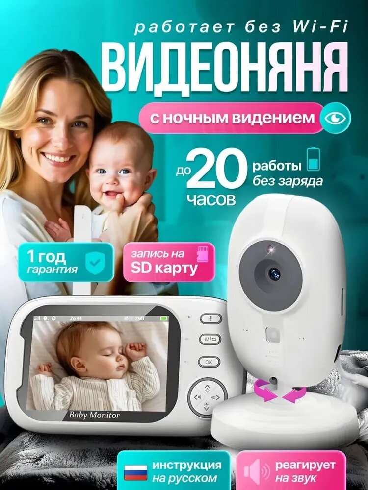 Беспроводная видеоняня с монитором, ночным видением, датчиком звука и записью на карту памяти