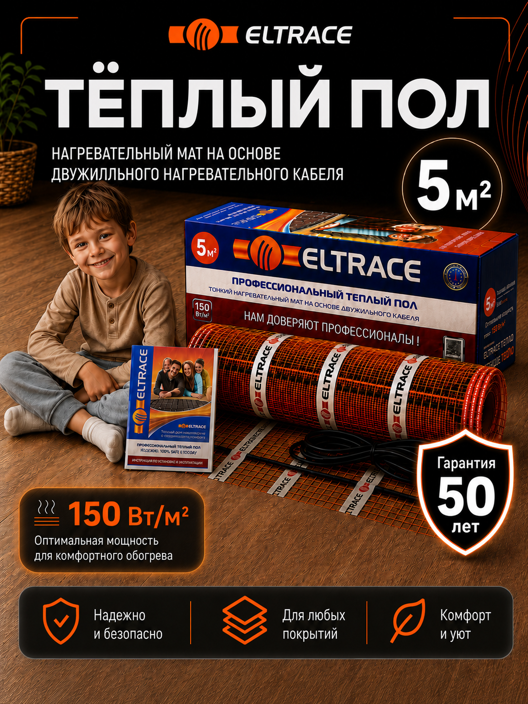 Тёплый пол электрический под плитку 5,0м2. Нагревательный мат.