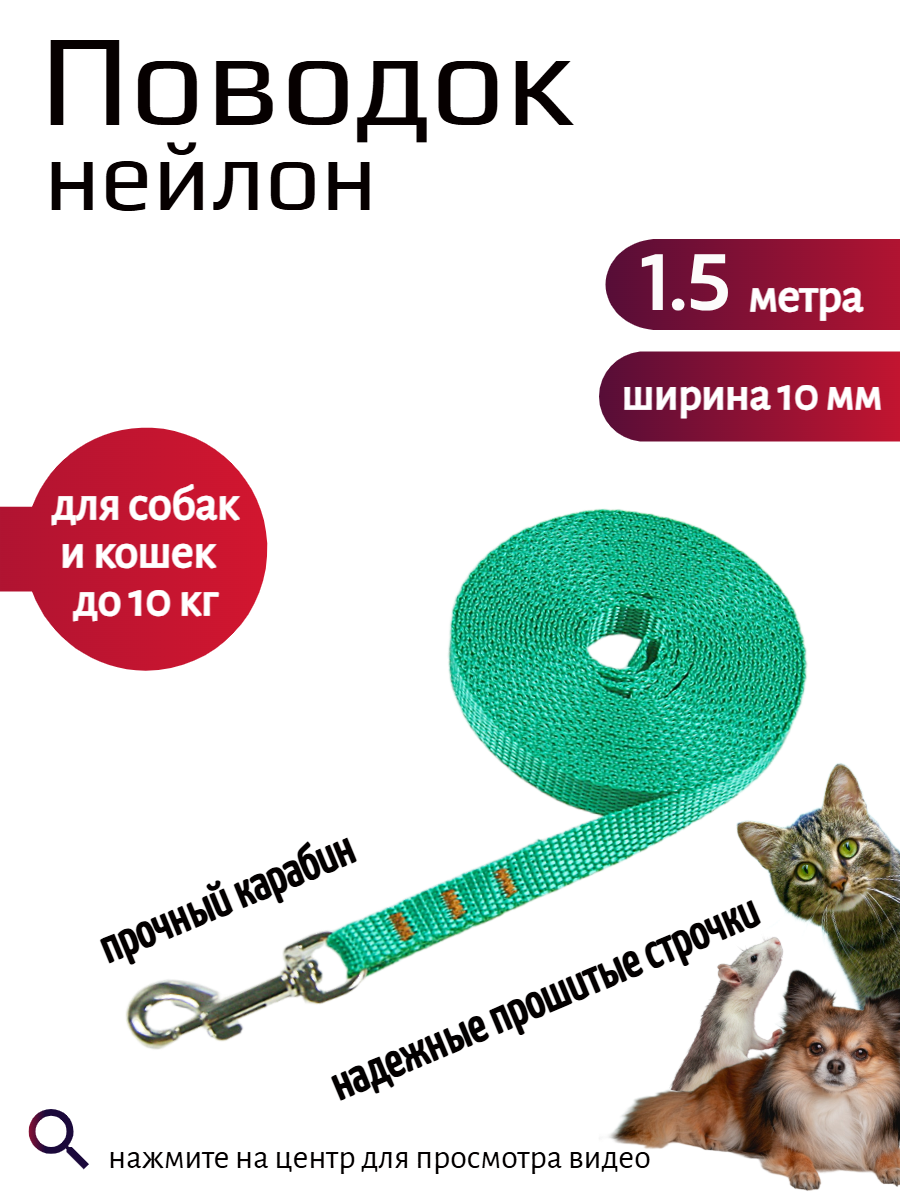 Поводок Хвостатыч с карабином нейлон для мелких пород 1.5 м х 10 мм (бирюзовый)