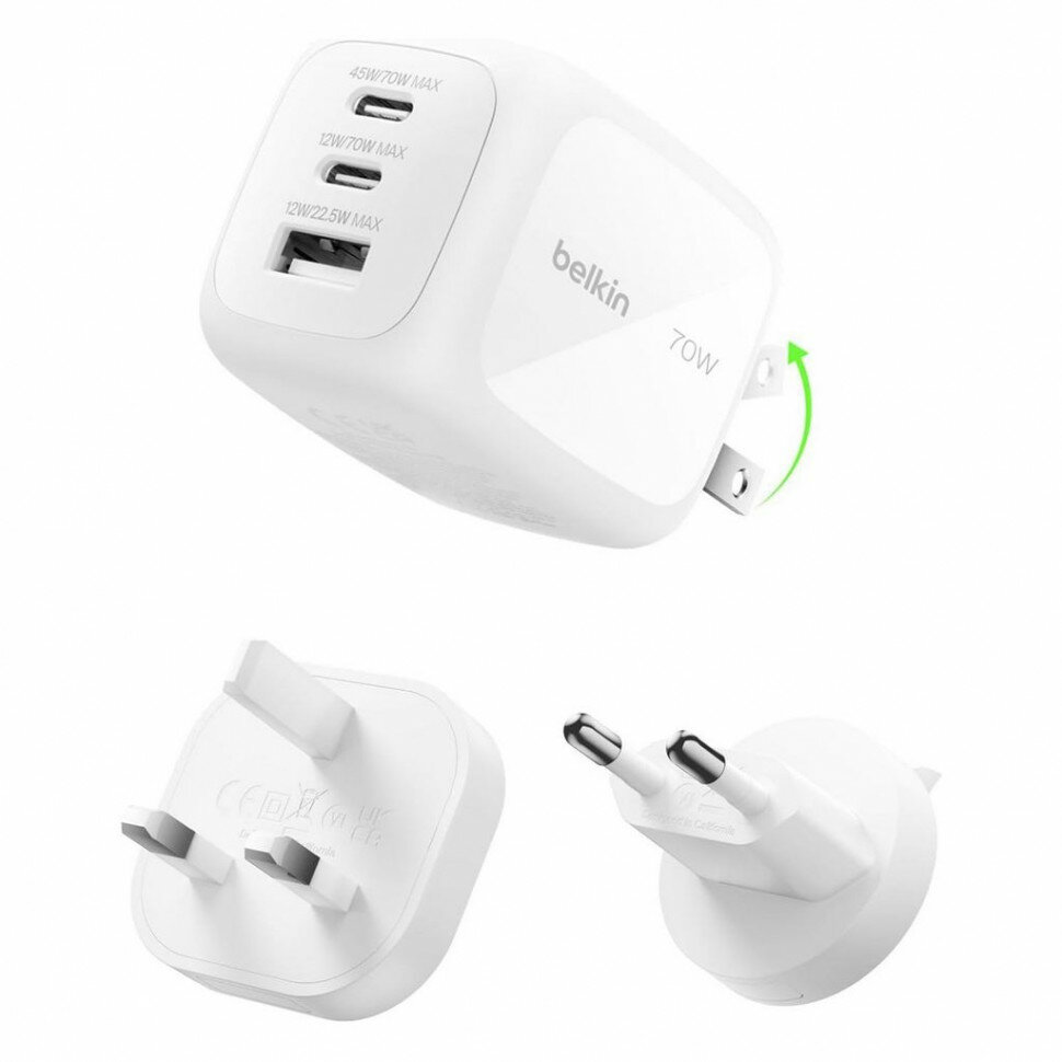 Сетевое зарядное устройство Belkin 3-Port 70W GaN Wall Charger (WCH018hqWH) White