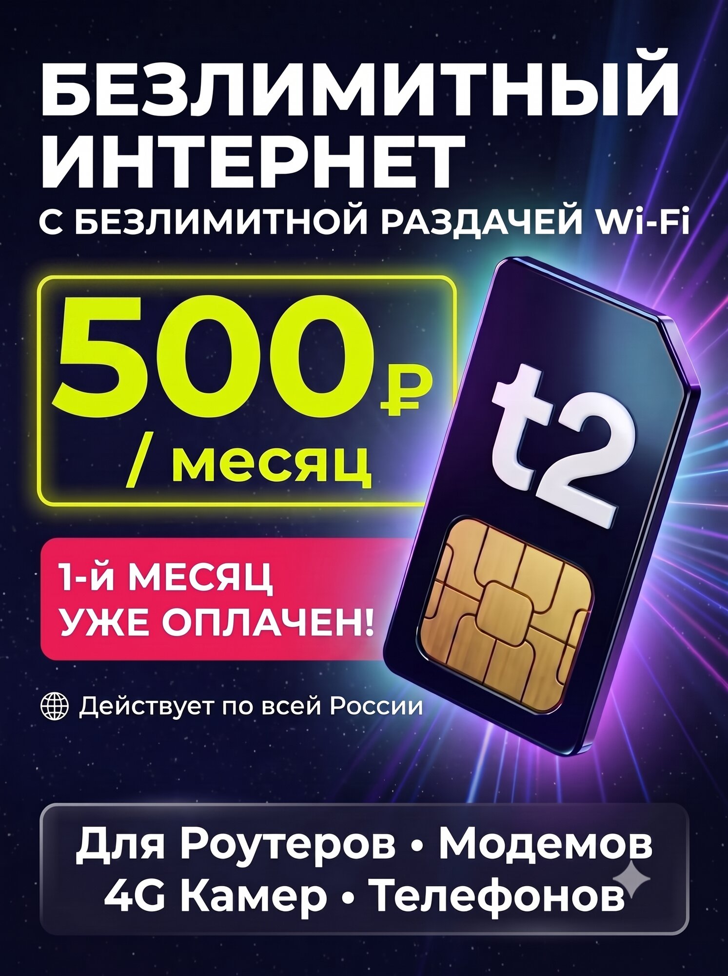 Сим-карта T2 "Партнер S", 1000 мин./мес, 3G/4G, для роутера, 100SMS, Россия