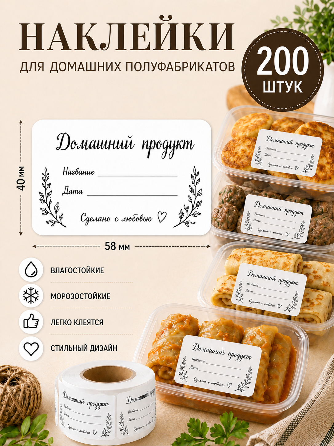 Наклейка "Домашний продукт" Homera, для подписи, 58x40 см, 200 шт.