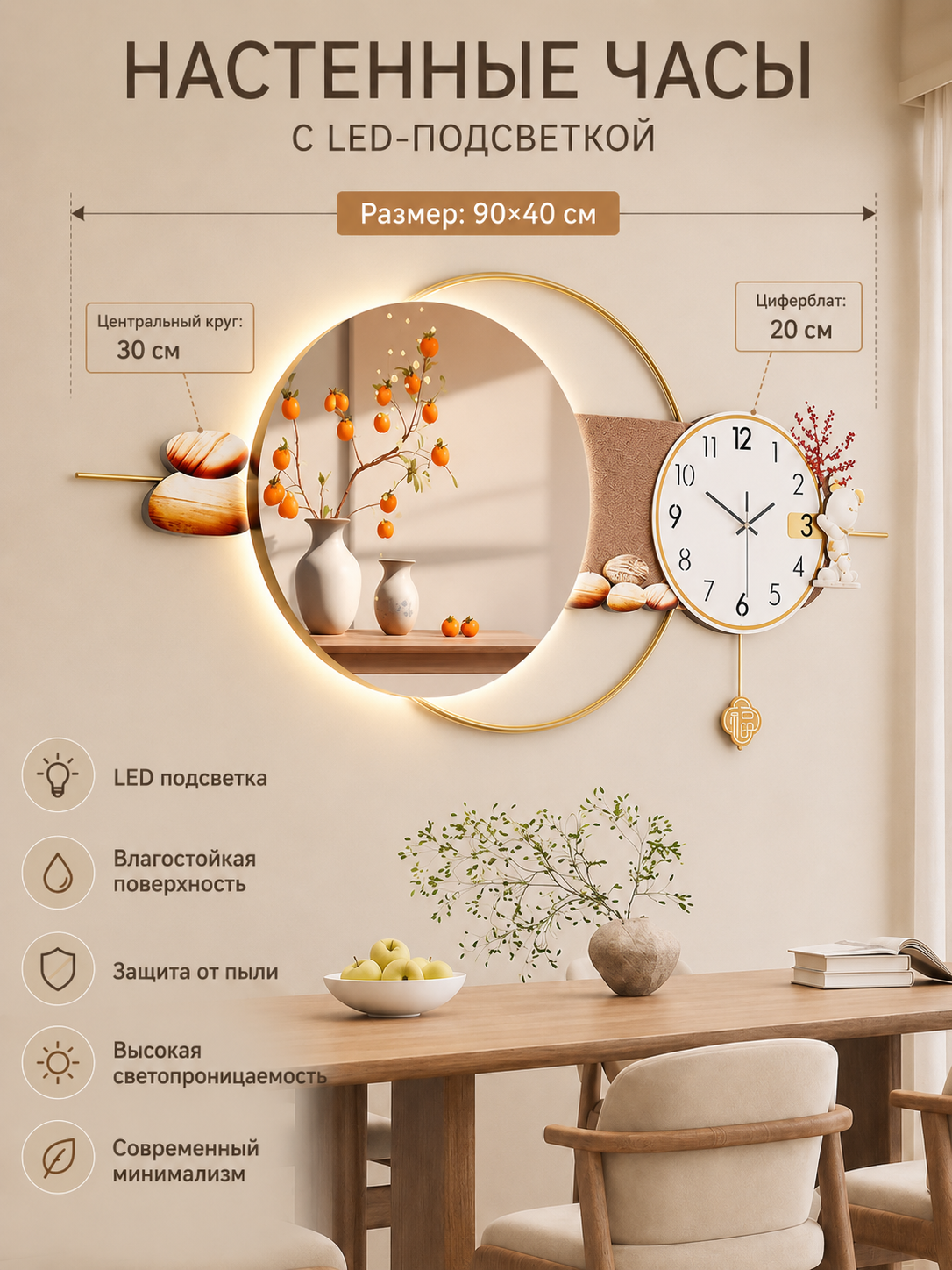 Настенные часы с LED-подсветкой 90×40 см, декоративная картина-часы с пультом, от сети, кабель 2 м