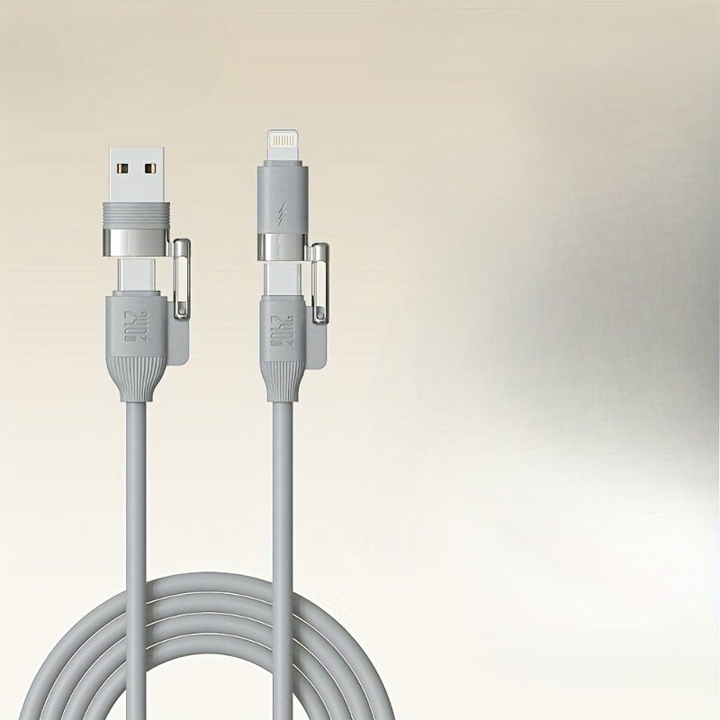 240W Быстрая зарядка 4-в-1 кабель Type-C + Lightning из жидкого силикона, 1 м, серый, совместим с iPhone 8-16, Huawei, для автомобильной проекции