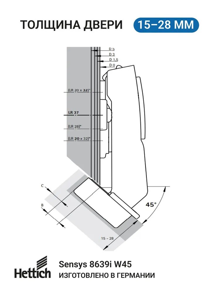Петля мебельная HETTICH SENSYS 8639i W45 угловая 45° с доводчиком 2 шт — фото 1