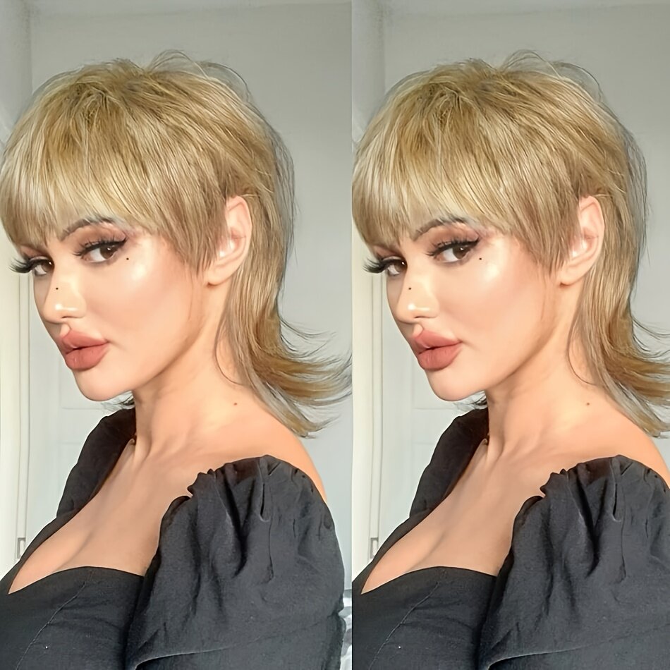 Парик женский Wolf Cut Mullet, пшеничный, 12 дюймов, синтетический, слоистый, с челкой, для ретро-вечеринок, повседневной носки и косплея