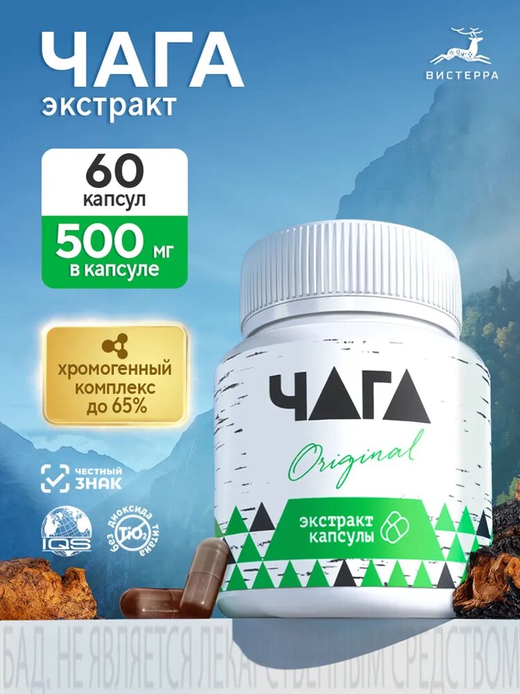 Экстракт Чаги 60 капсул, детокс, для печени, для желудка и кишечника, укрепление иммунитета