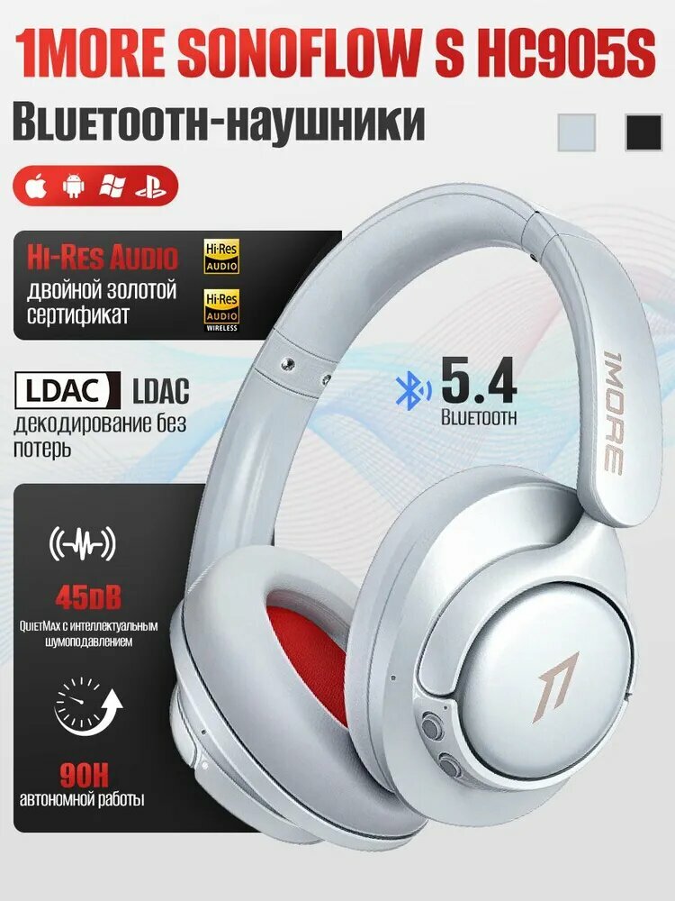 1MORE Наушники беспроводные с микрофоном 1More Sonoflow S HC905S, серебристый