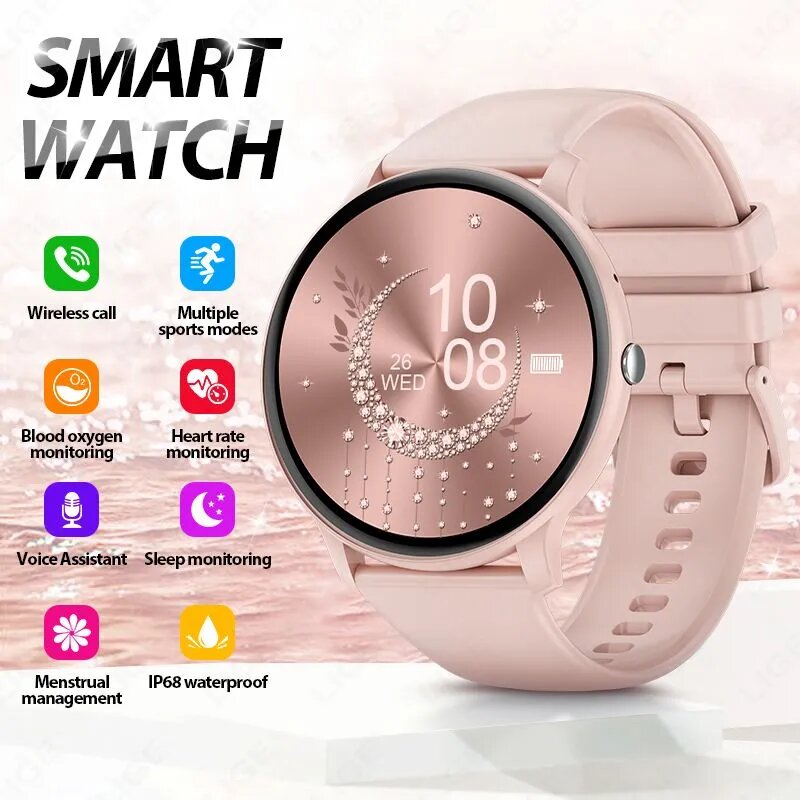 LIGE Смарт-часы smartwatch 1.39" Bluetooth 5.3 звонки, монитор Измерение частоты сердечных сокращений и артериального давления, IP68, для спорта, 46mm, Розовый силикон + липучка