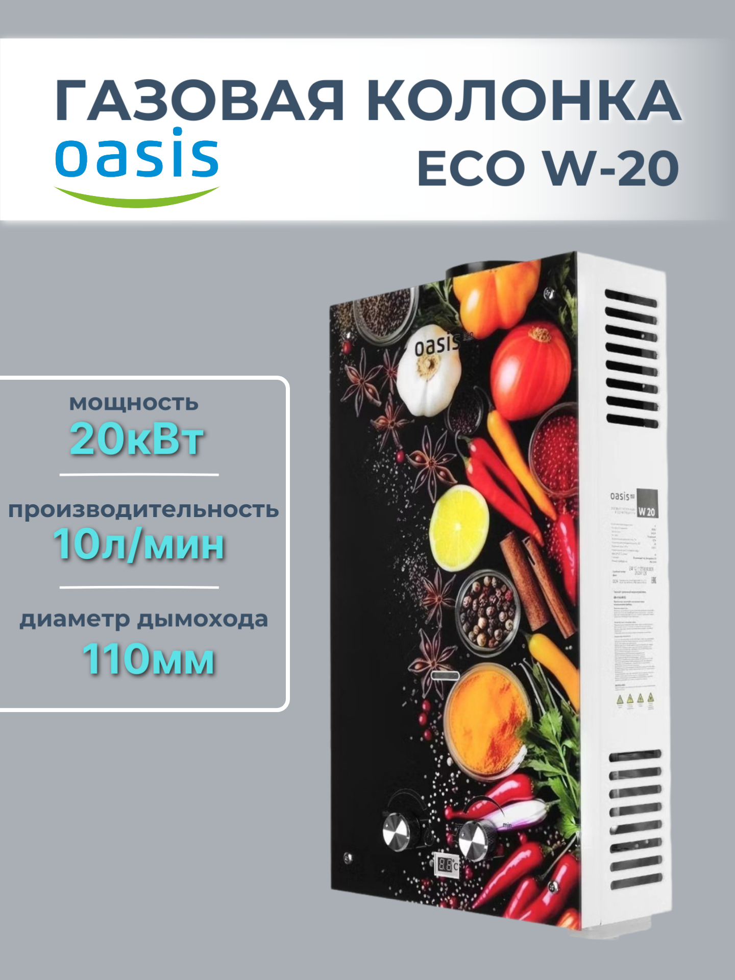 Газовый водонагреватель Oasis ECO W-20, коричневый, вертикальный, настенный, 20кВт