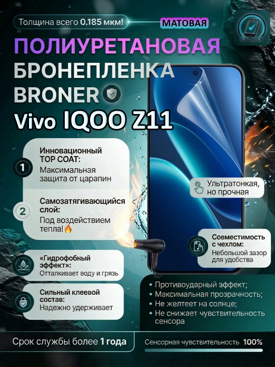 Полиуретановая бронепленка для Vivo IQOO Z11 / Защитная плёнка на экран, совместима с чехлом, с вырезом под камеру / Матовая