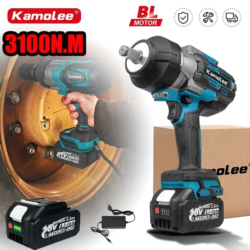 Бесщеточный электрический ударный гайковерт kamolee 3100 Н. м, 1/2 дюйма, 5000 Вт, 15000 об/мин, упакован в гофрокороб (аккумулятор 5,0 Ач*1 + зарядное устройство)