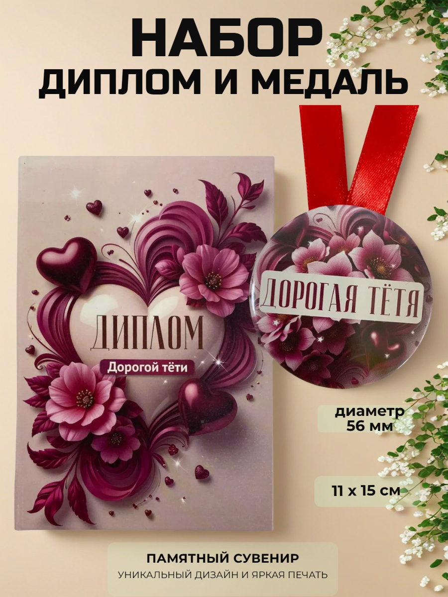 Шуточный диплом "Дорогой тети" и сувенирная медаль с атласной лентой, набор