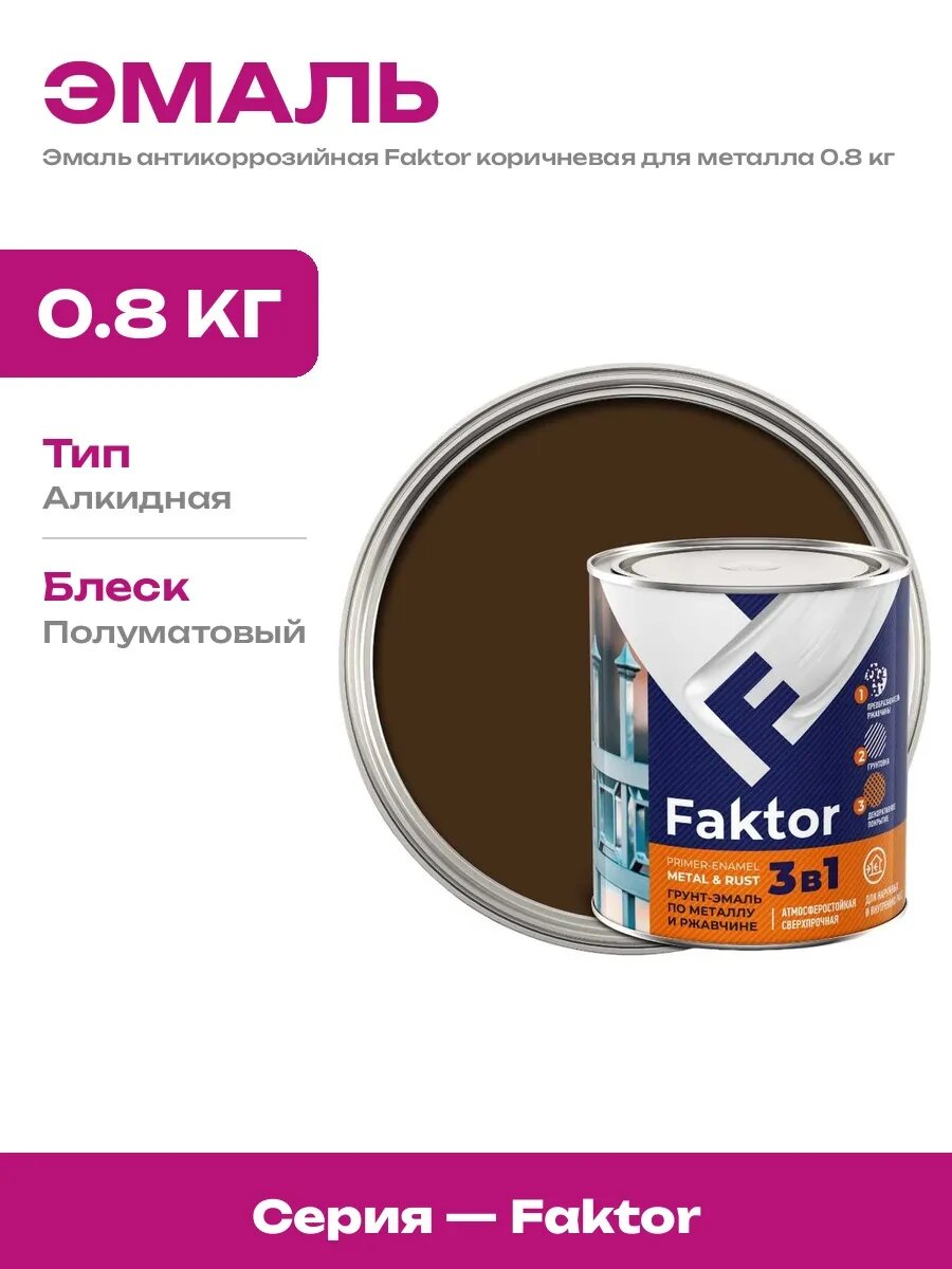 Эмаль по ржавчине Faktor 3 в 1 коричневая RAL 8017 банка 0.8