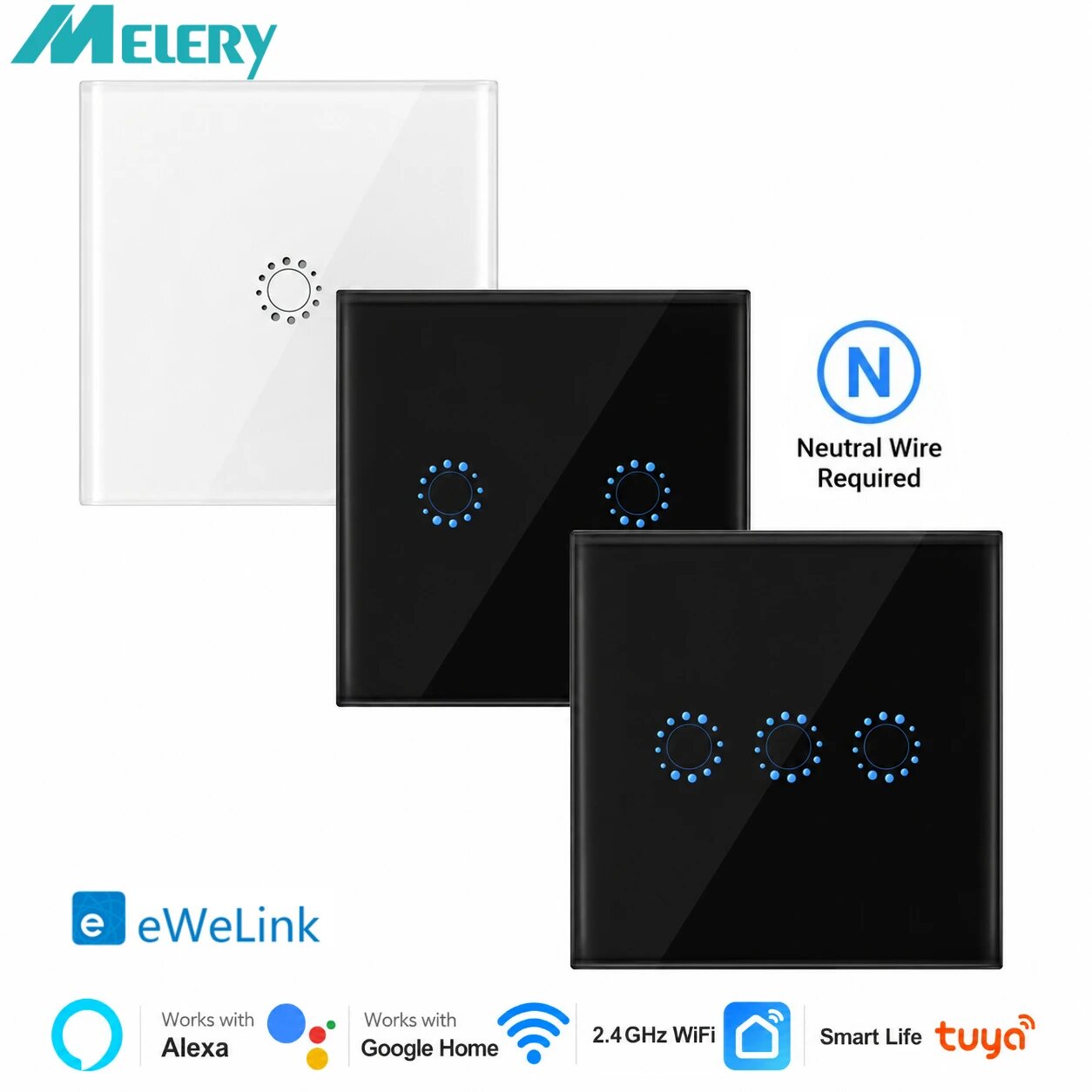 Умные выключатели SHAWADER Melery Tuya Ewelink 1/2/3 клавишного Ewelink App, 2-ганг, Черный, Black