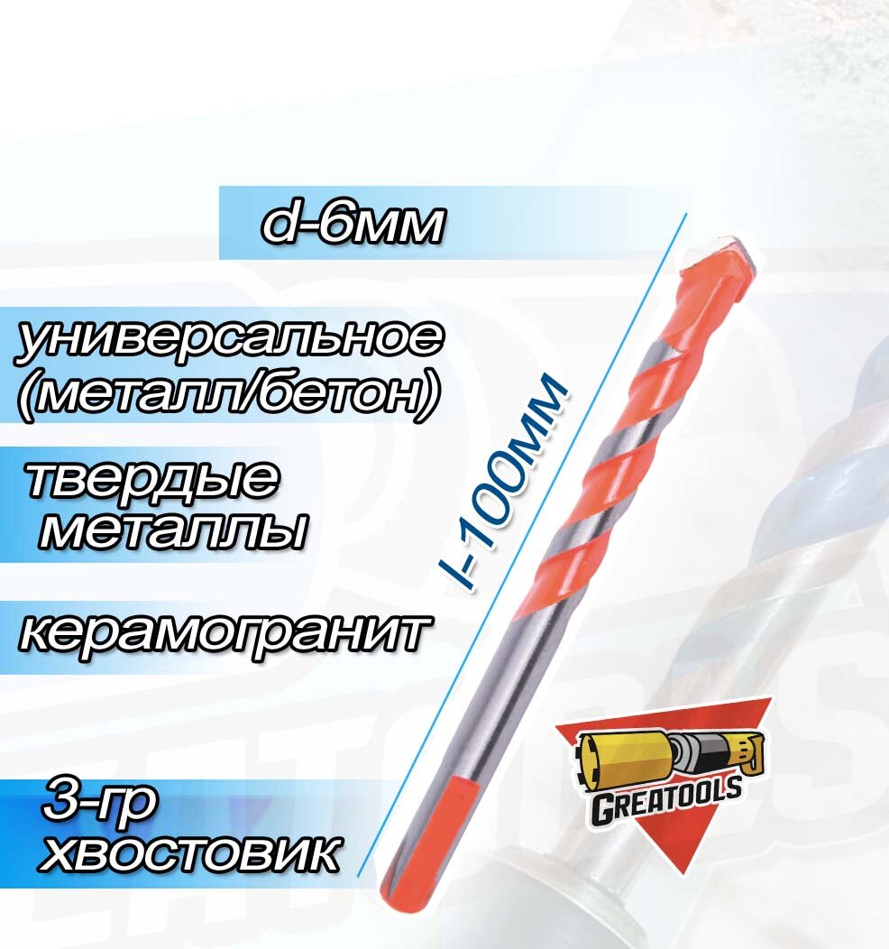 Сверло d-6 мм l-100мм маталл, бетон универсальное Greatools