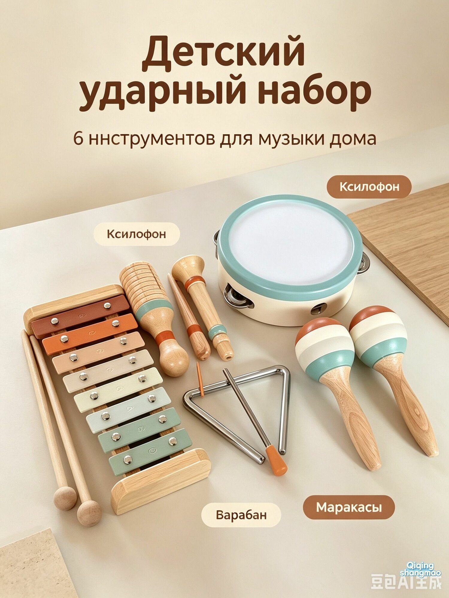 Детский набор музыкальных инструментов Орф 6 в 1, 8-тоновый ксилофон, флейта, бубен, треугольник, маракасы и блок-фон, развивающий комплект для музыкального обучения