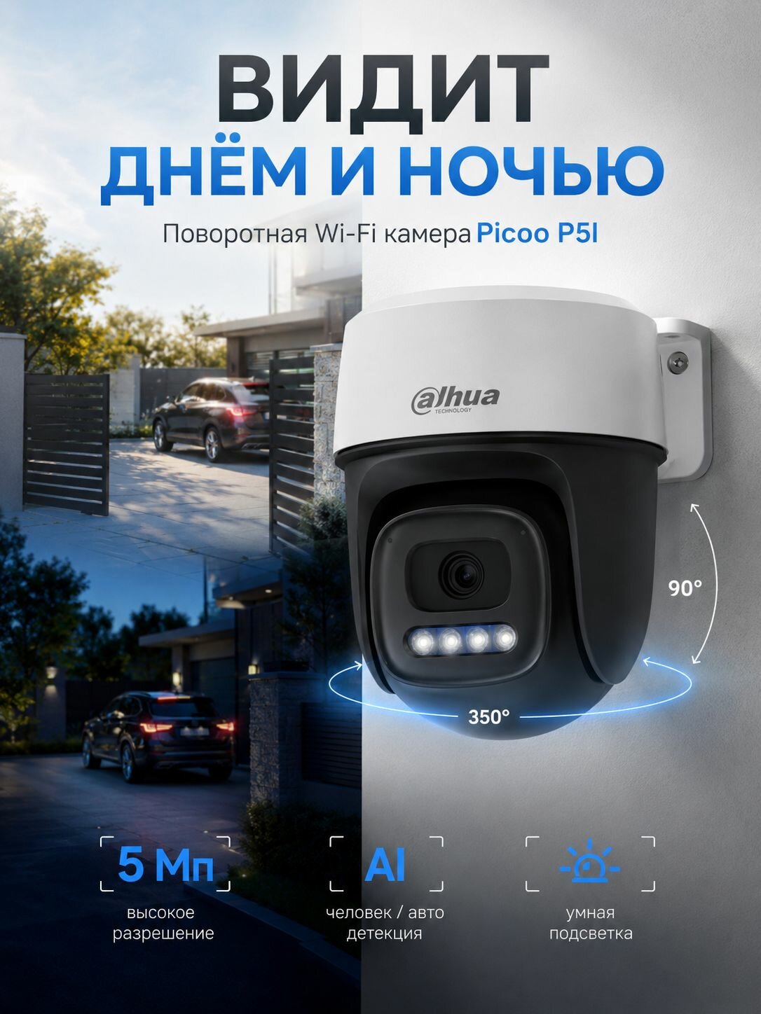 IP-камера Picoo P5I 5Мп 2,8 мм, Wi-Fi, поворотная, для улицы и помещений, ночное видение, микрофон, динамик, IP66